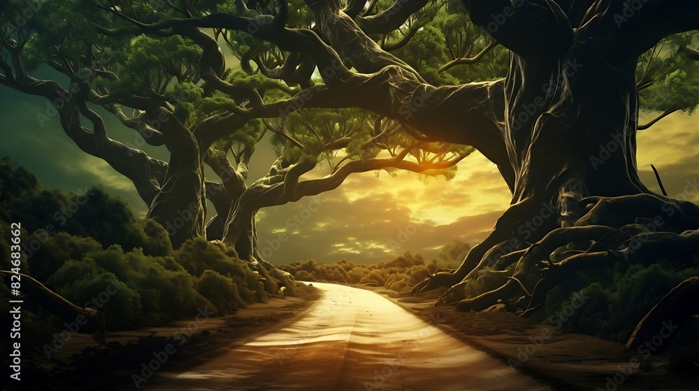 Abstract background of route and journey amidst the big tree and ...