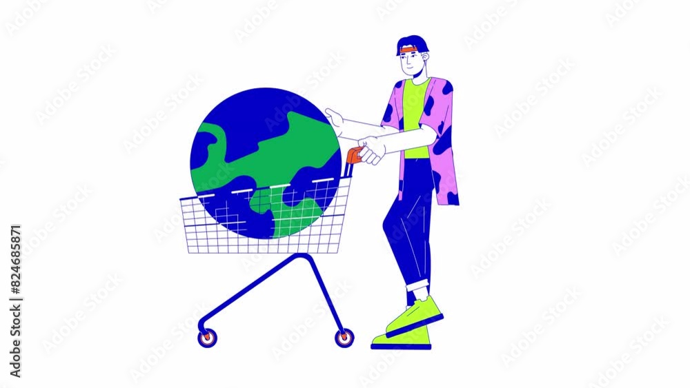Asian man buying world line 2D animation. Global overconsumption 4K ...