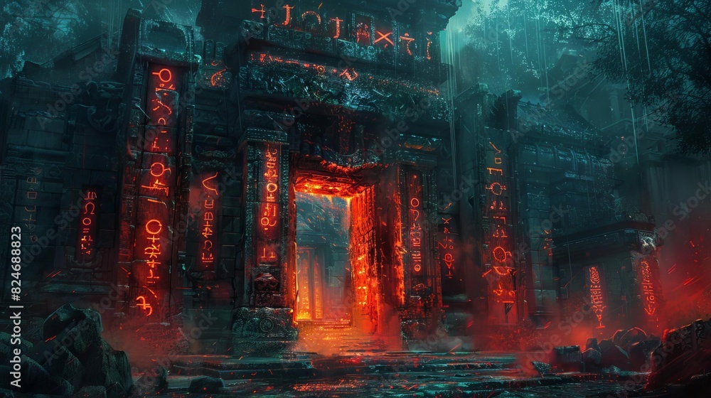 Ancient mystical temple with glowing red runes in a dark, eerie forest ...