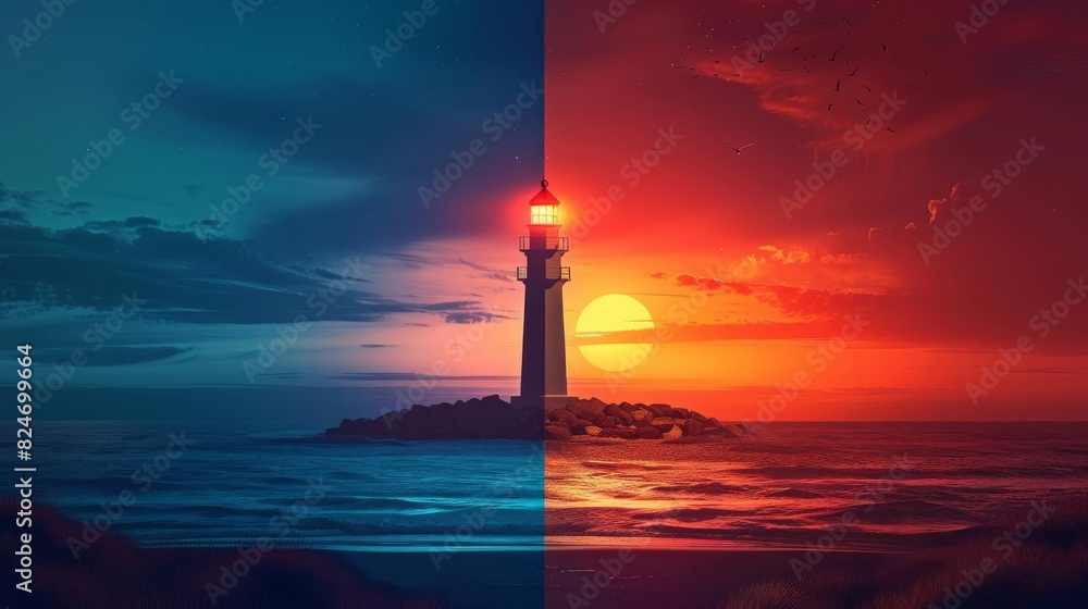 Light and fire lighthouse beam flat design front view guiding light ...