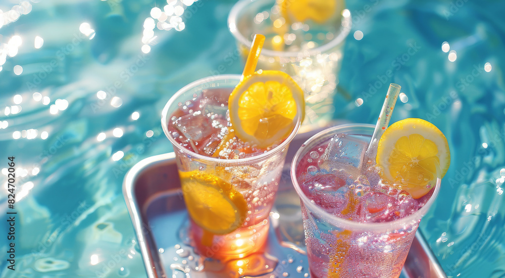 A close-up of three plastic cups with fizzy drinks, each with a lemon ...