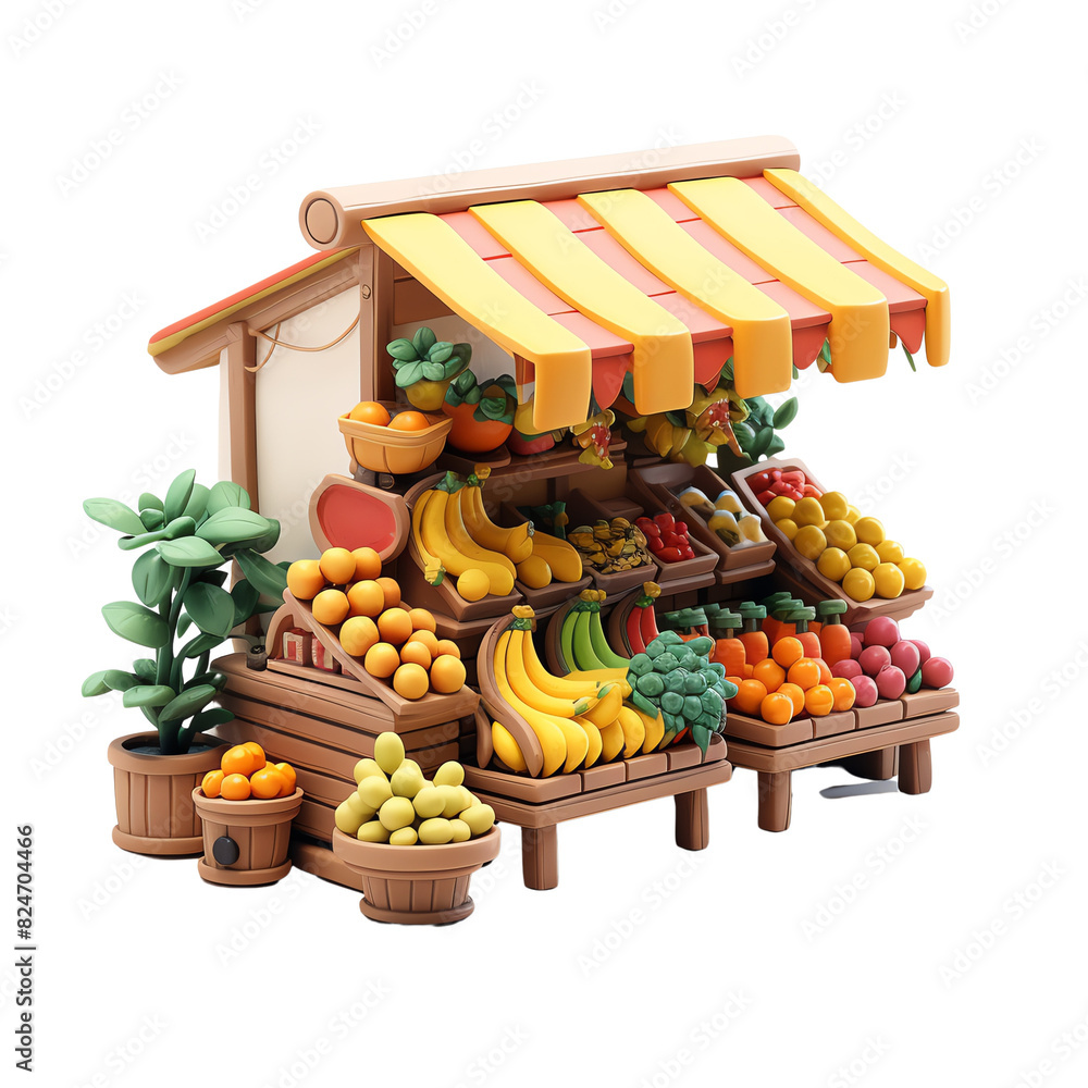 Vibrant cartoon-style fruit stand with fresh vegetables and fruits ...