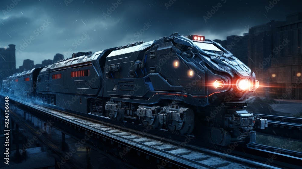 Stealth rail gun in operation during a covert night mission from a side ...