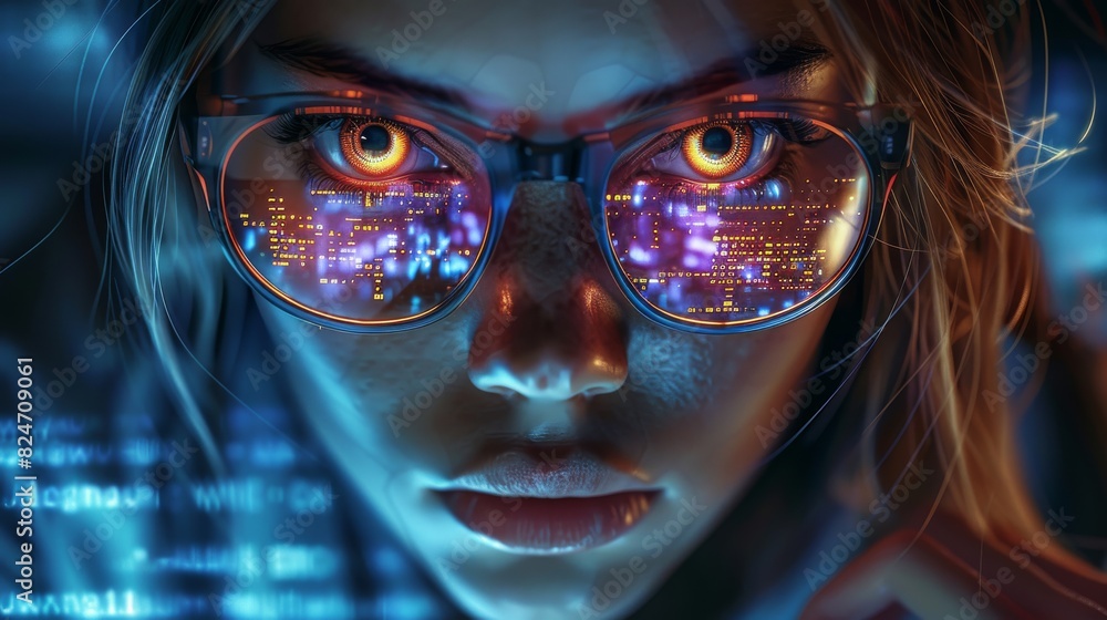 Cute woman software developer girl floating in the internet, deep web ...