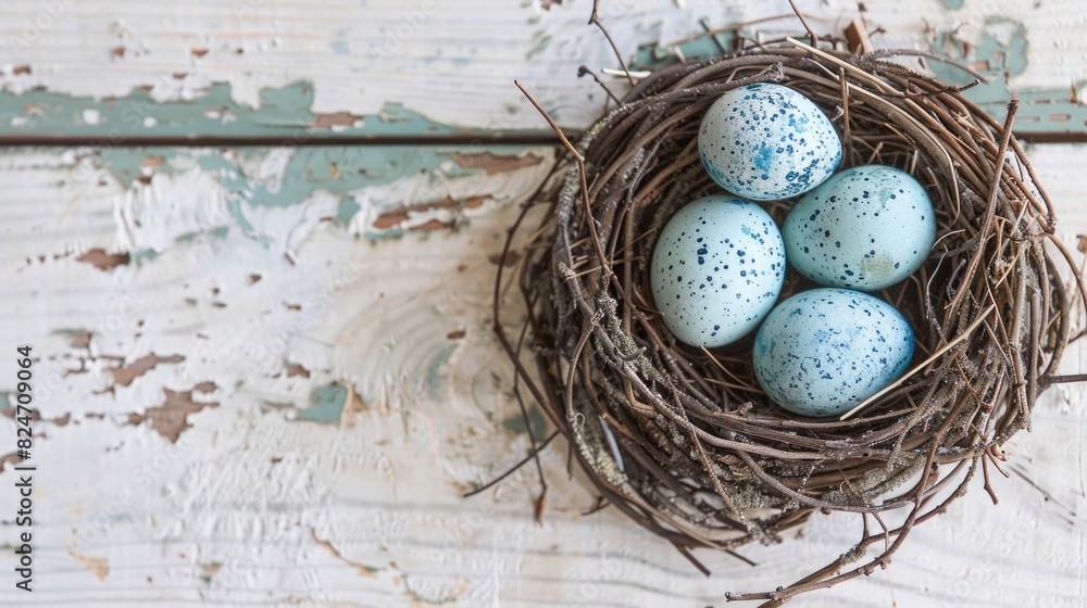 Blue Speckled Background Real Nest With Three Blue Colored Bird Eggs On Rustic White Wooden