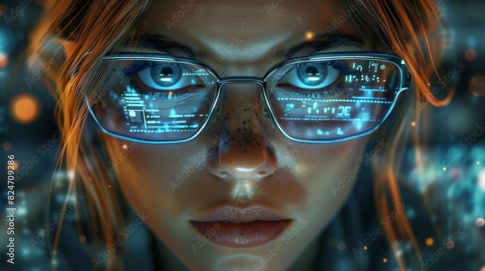 Cute woman software developer girl floating in the internet, deep web ...