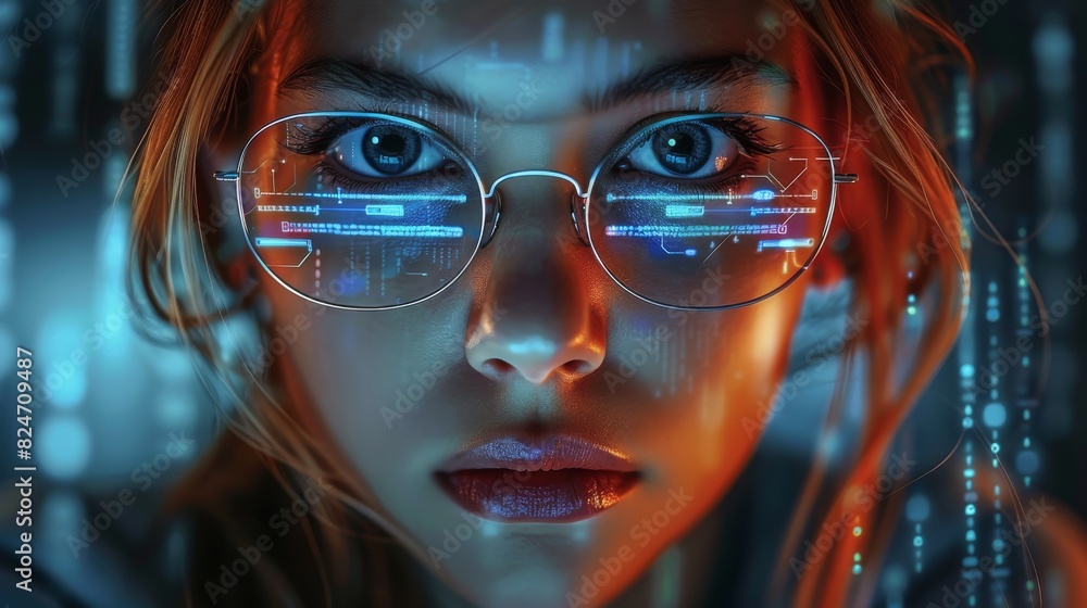 Cute woman software developer girl floating in the internet, deep web ...