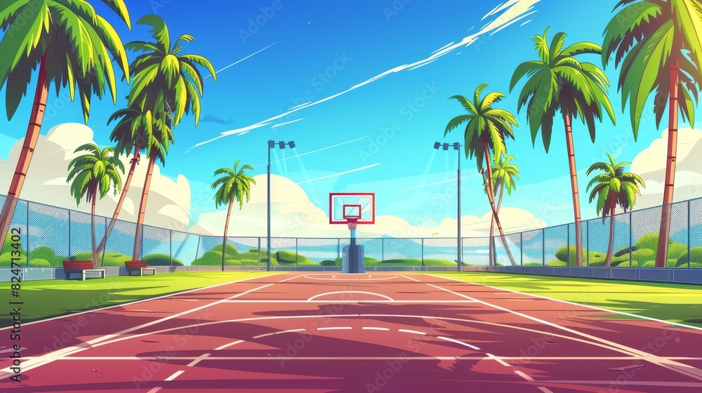 A modern cartoon background showing a basketball court on a street. The ...
