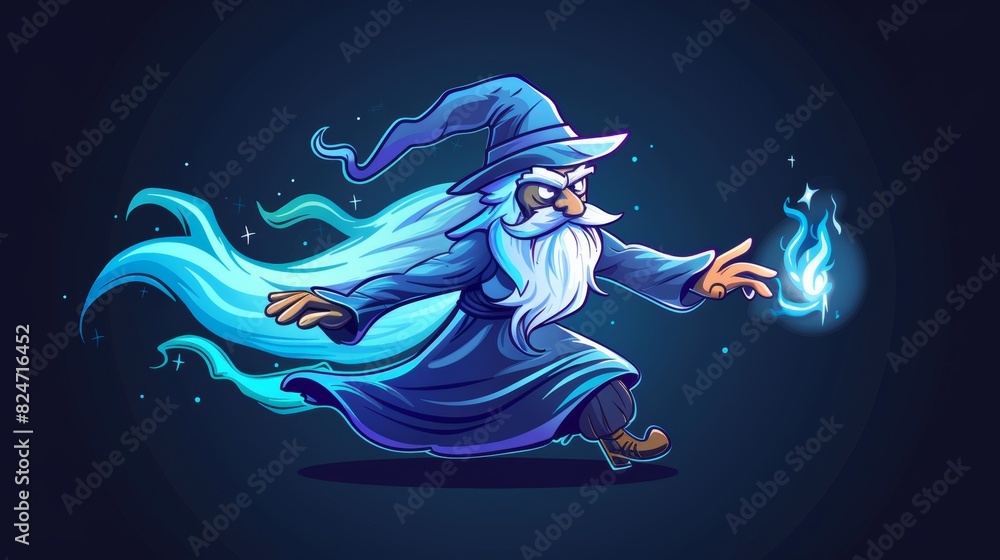 A running cartoon wizard with a long beard. Modern clip art ...