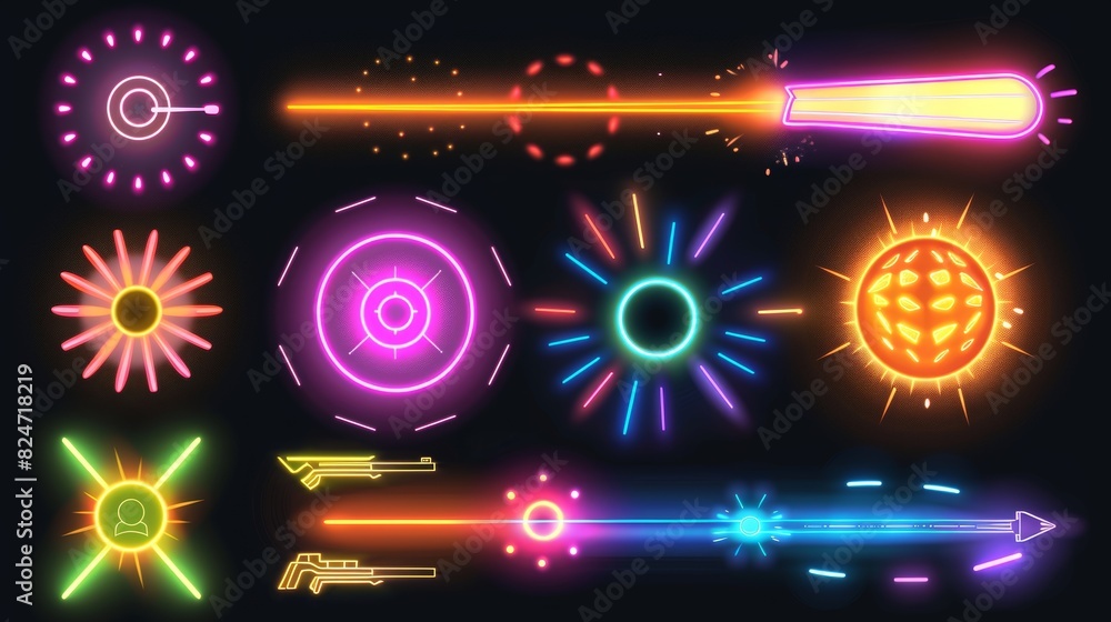 Illustration showing a set of vfx neon light effects isolated on black ...