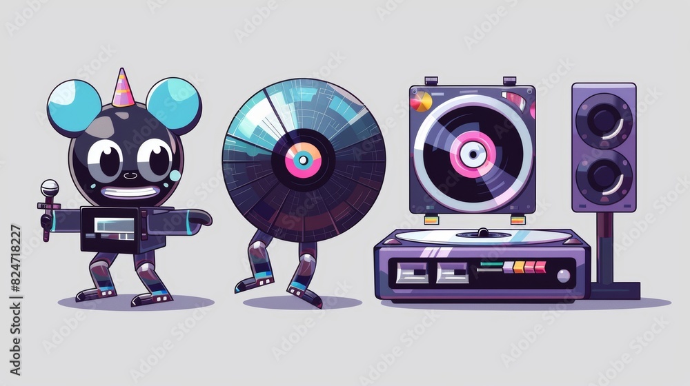 Analogue audio modern set featuring a disco ball mascot, a vinyl record ...