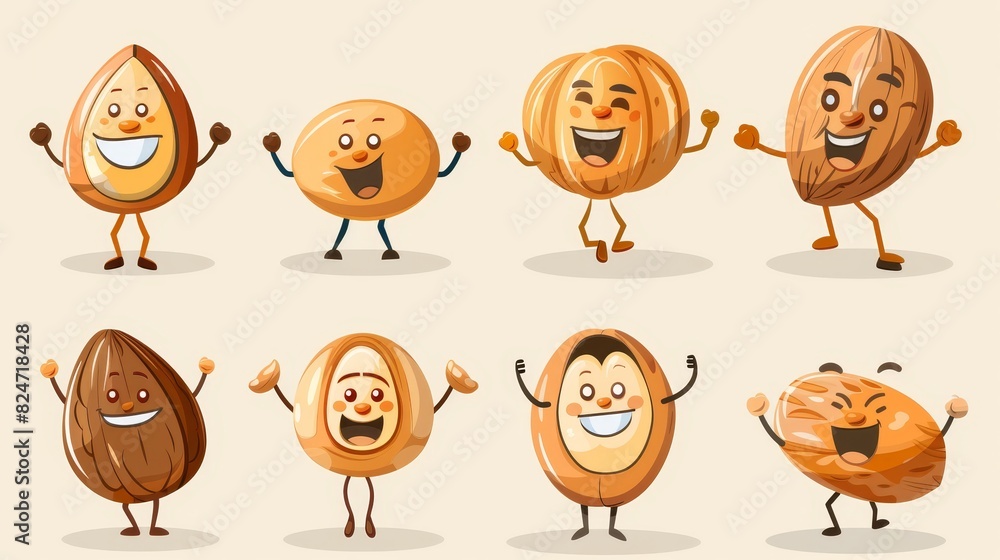 Animated seed characters. Cartoon funny faces of almond walnut and ...