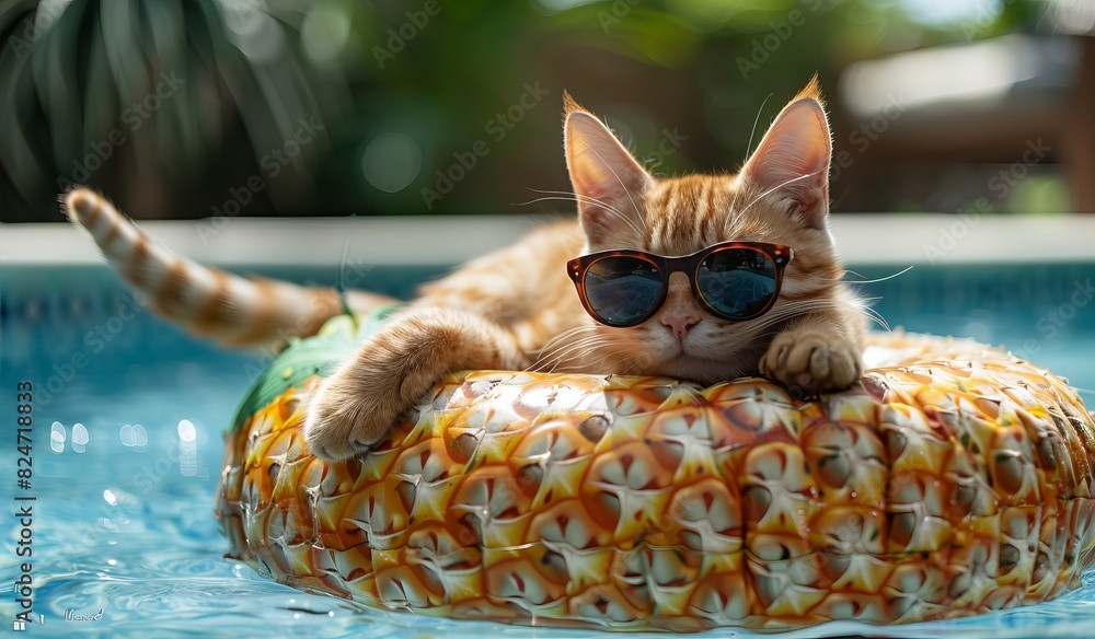 Funny cat wearing sunglasses in pool,playing with colorful inflatable ...