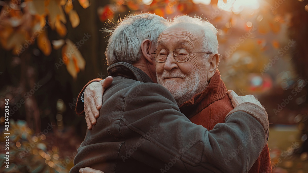Two elderly men are hugging. Concept of strong friendship for life ...