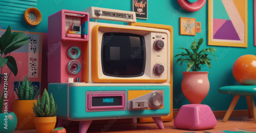 Retro-themed scene featuring 90s-inspired colors and design elements ...