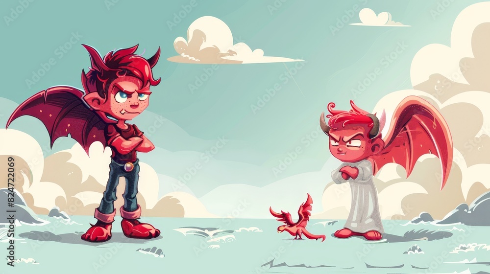 This modern clip art illustration shows a devil child standing over a ...