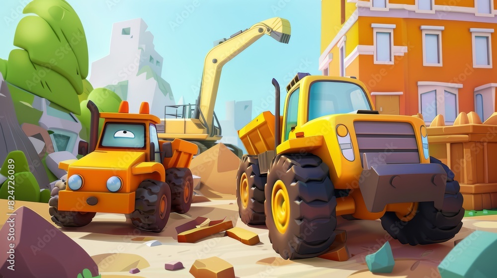 Cartoon illustration of different happy construction site vehicles ...