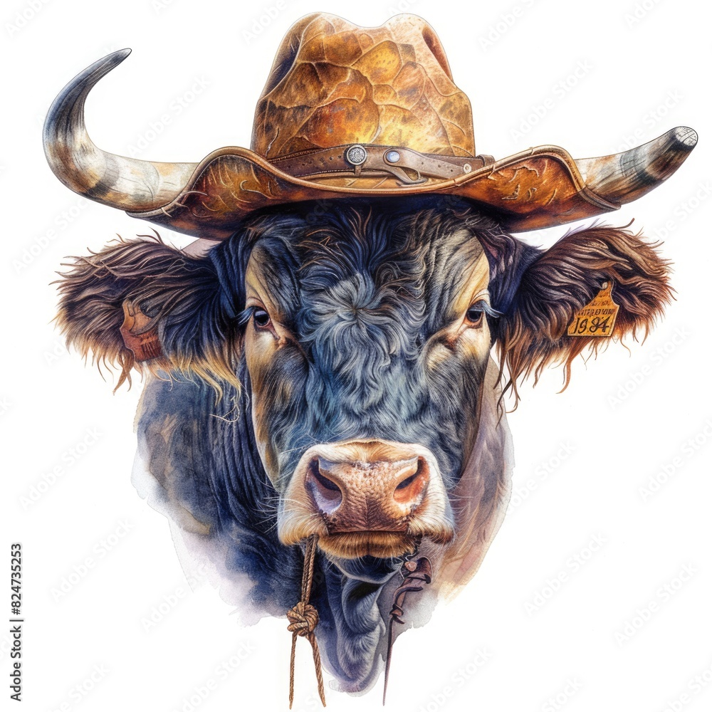 Western Style Bull Cow Head in Cowboy Hat, White Background Stock ...
