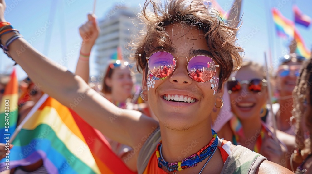 Teens in bright clothes, waving rainbow flags and smiling, captured in ...