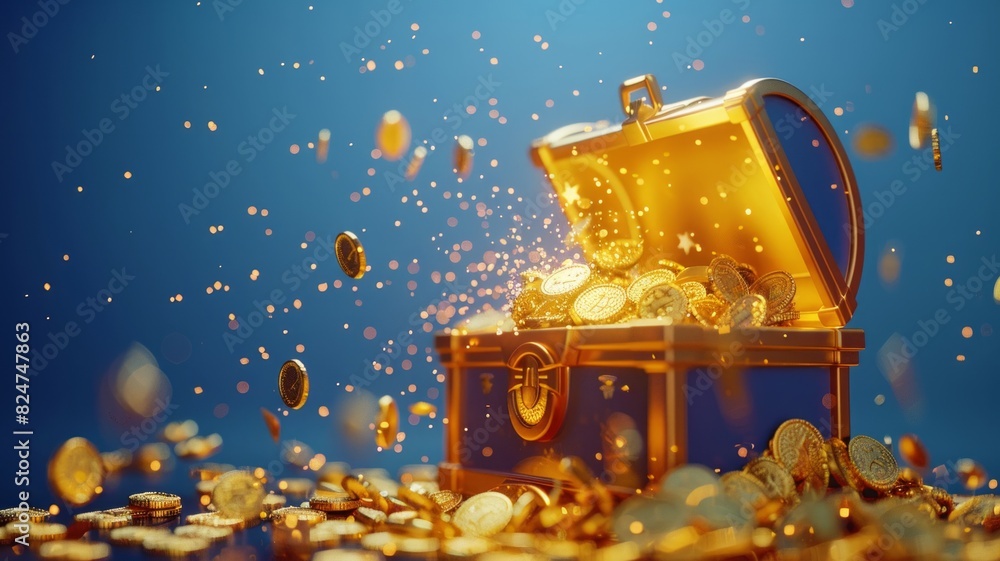 Funding Spark A dramatic 3D icon depicting a treasure chest overflowing ...
