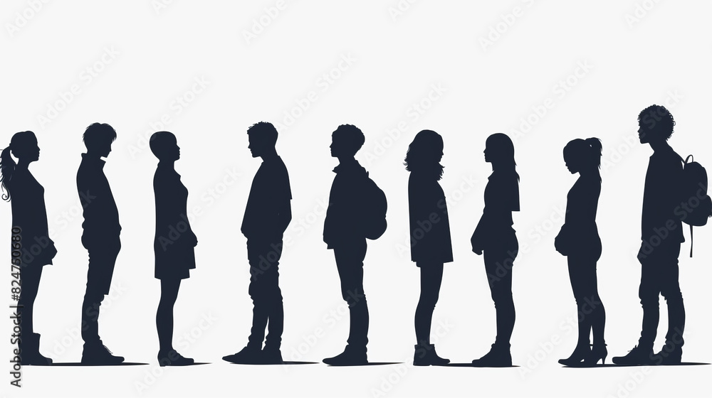 Highly detailed silhouettes of people standing in line, isolated on a ...