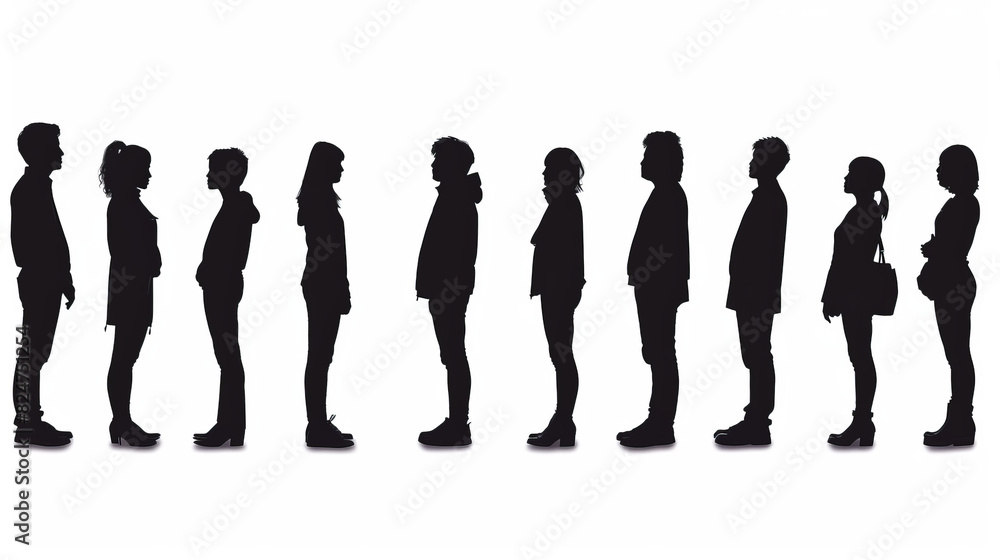 Highly detailed silhouettes of people standing in line, isolated on a ...