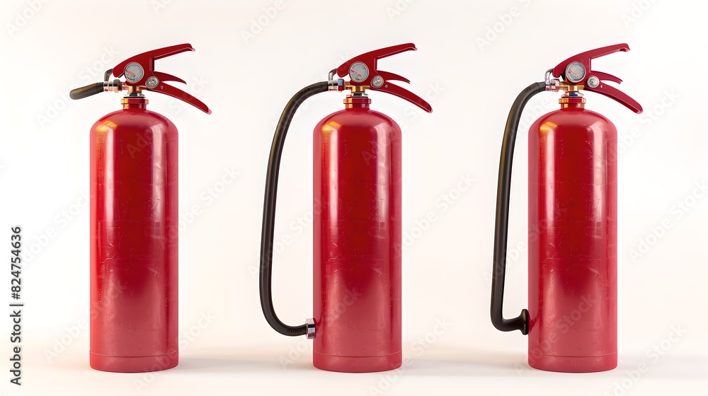 Three red fire extinguishers standing side by side. Modern design with ...