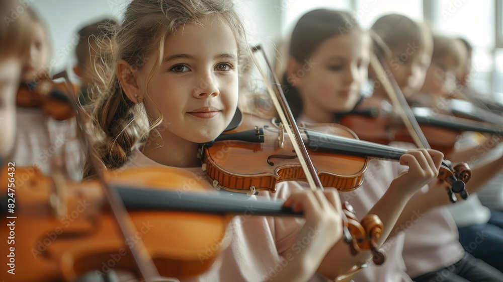 Children's music class, a group of kids playing various musical ...