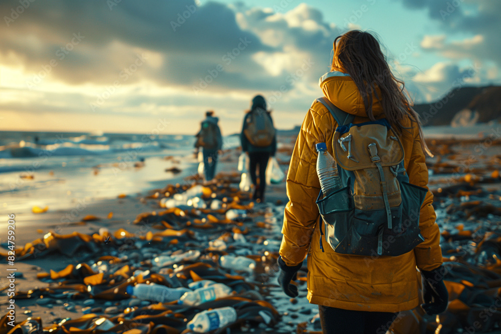 A group of volunteers cleaning up a beach littered with plastic waste ...
