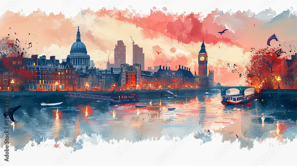 A vibrant watercolor painting of London’s skyline at sunset, featuring ...