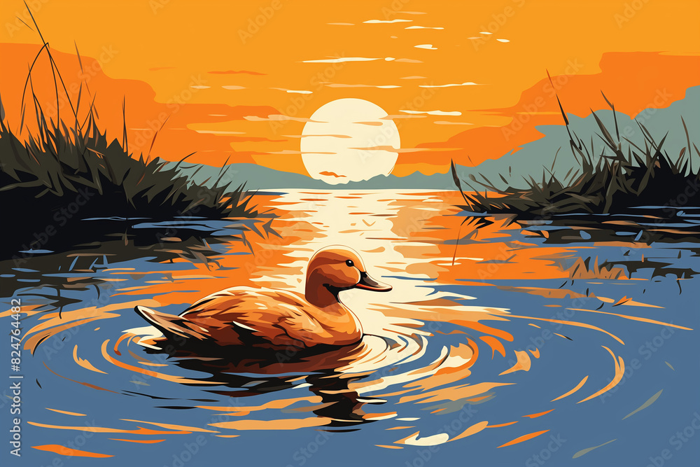 Illustration of a duck swimming in a lake at sunset, rendered in a ...