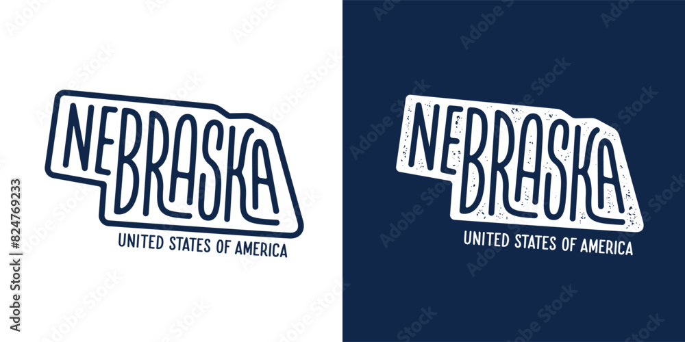 Nebraska. Hand drawn USA state name inside state silhouette on blue ...