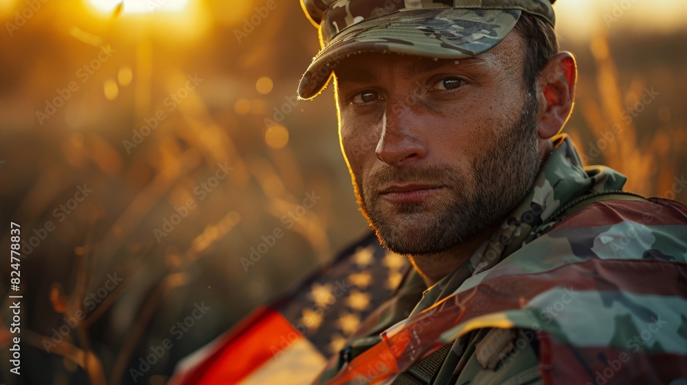 A hyper-realistic image of a soldier in uniform holding the American ...