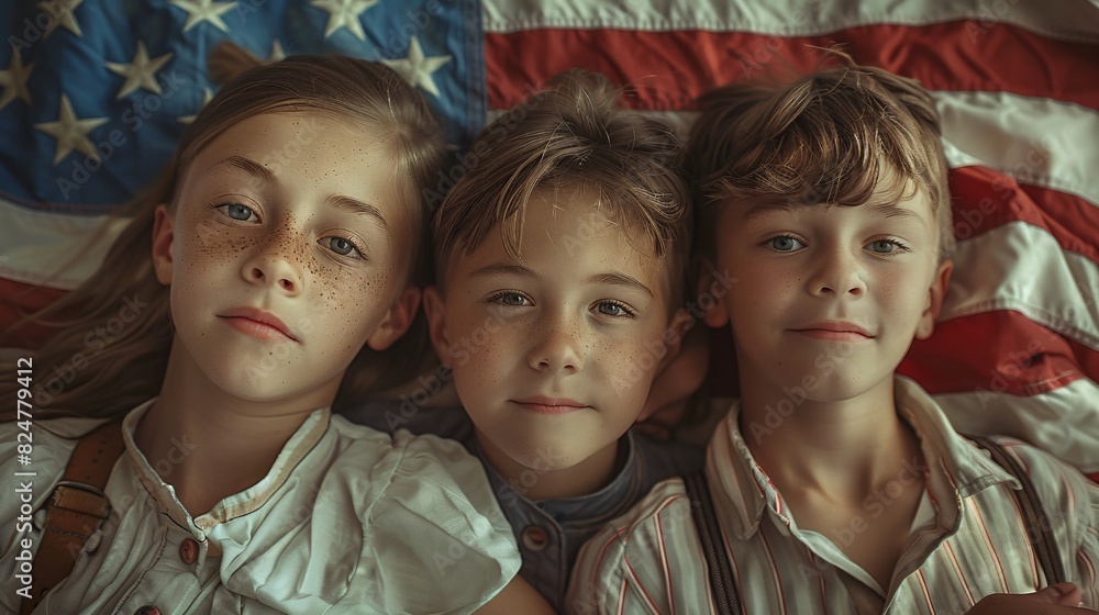A hyper-realistic portrait of a family posing with the American flag ...