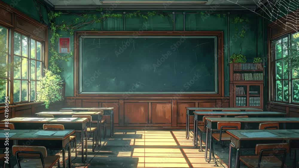 Empty classroom with desk, tables, chalkboard and chairs, at school or ...