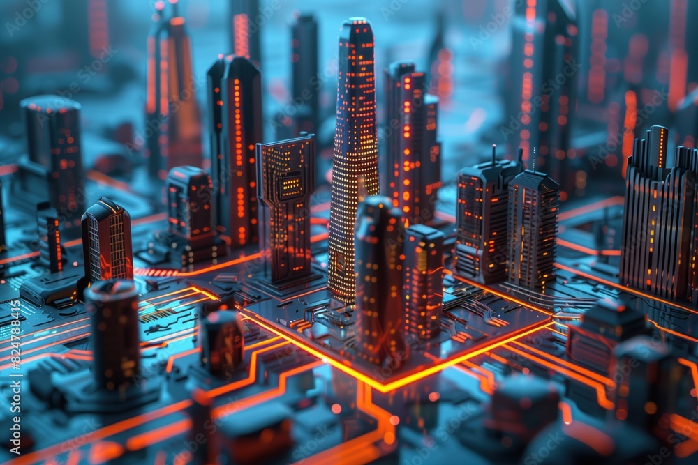 Bright future city emerging from a sprawling glowing circuit board ...
