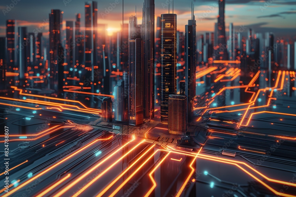 Luminous futuristic city on an extensive illuminated circuit board. Technology paradigm. Future ...