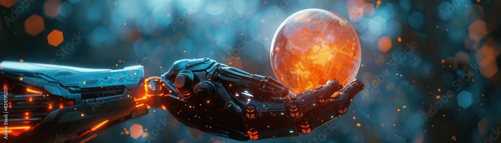 Futuristic robotic arm holding a glowing orb with a sci-fi background ...