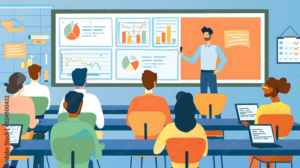 Teacher conducting an online class via video conference, students ...