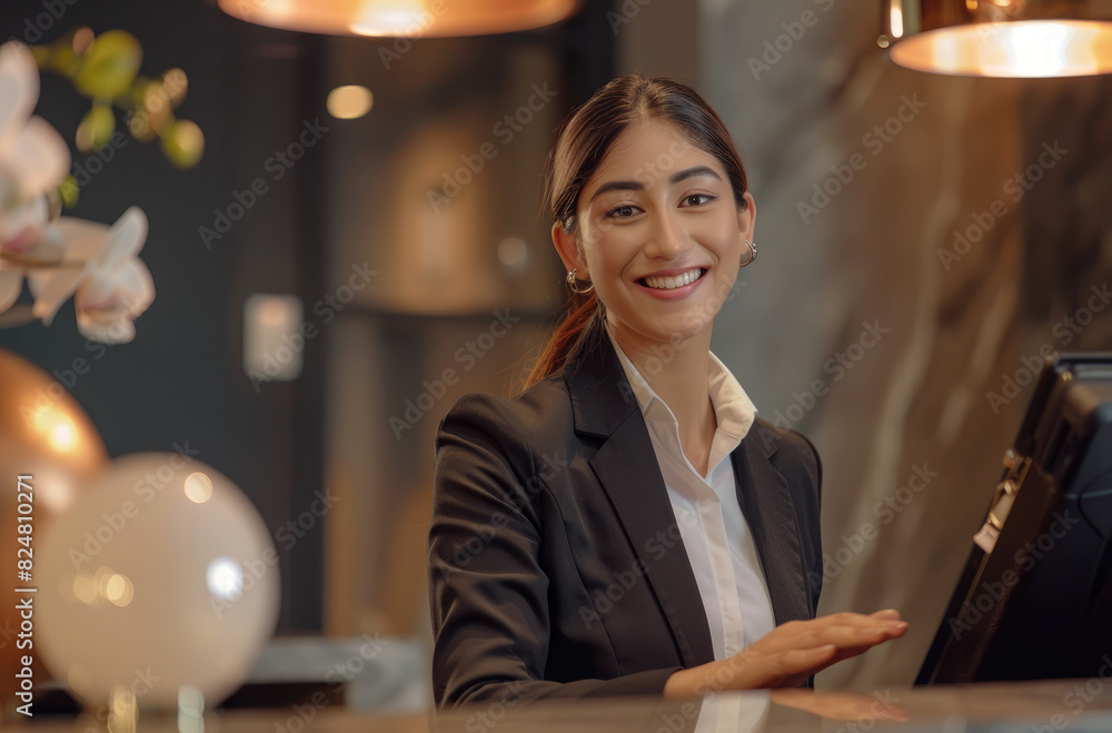 a smiling female hotel receptionist wearing a black suit and white ...