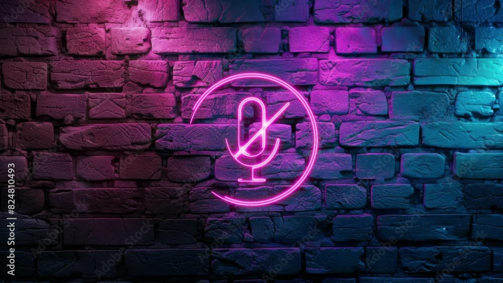 Video footage of Pink glowing Mute Microphone Icon neon icon on brick ...