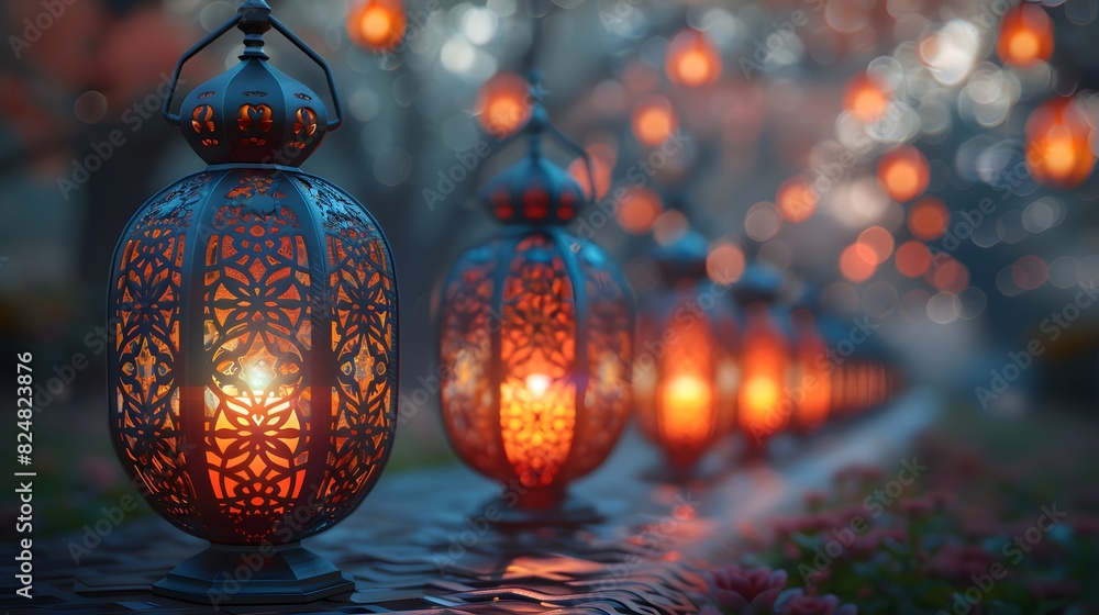 An illustration of traditional lanterns (fanous) glowing warmly ...