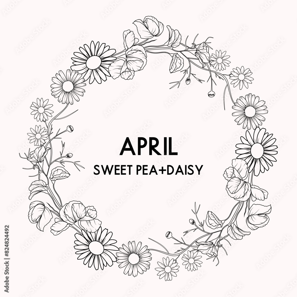 April birth month flower wreath, sweet pea and daisy flower border ...