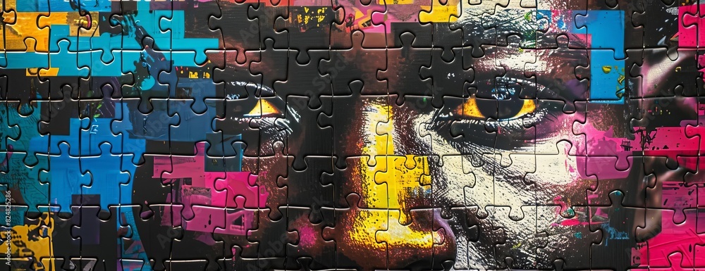 A face made up of puzzle pieces. The face is looking at the viewer with ...