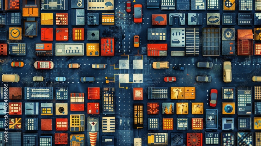 Detailed urban layout with roads, cars, and stylized buildings in a ...