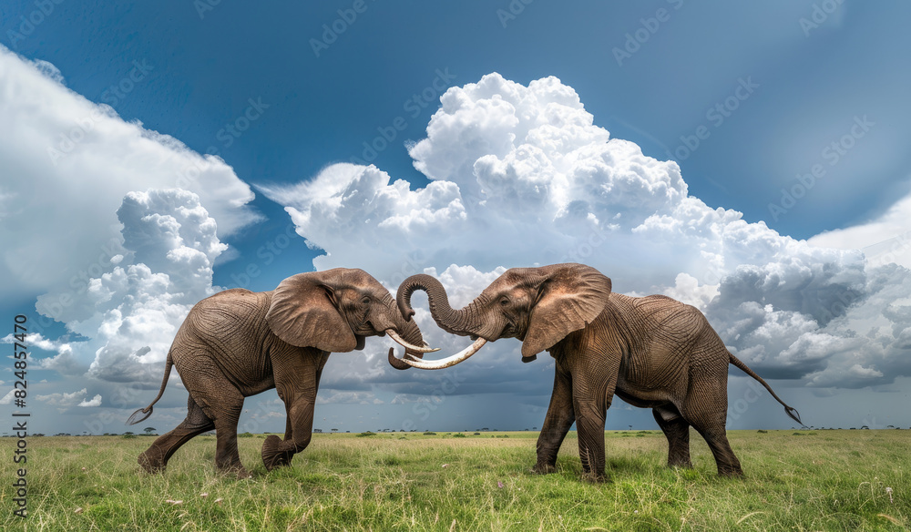 Two elephants fighting in the savannah, under an epic sky with a cloud ...