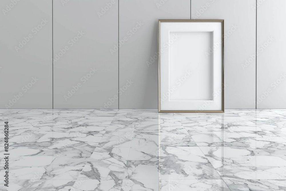 Minimalist art space with a 3D empty frame on a chic Aran White marble ...