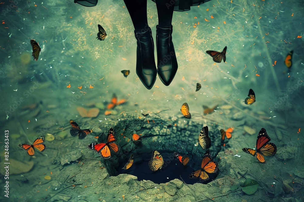mysterious surreal womans legs in high heels falling into butterfly pit ...
