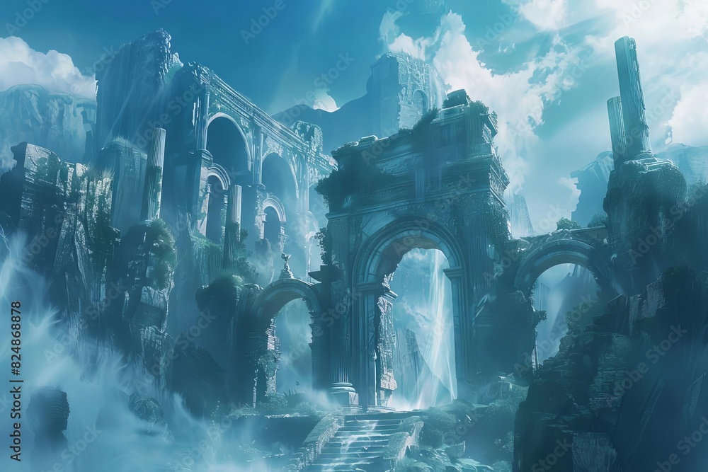 mystical mmorpg game environment with ancient ruins and ethereal ...
