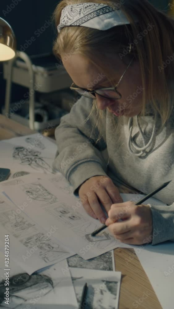 Female animator creates sketches for the cartoon. Looks at the laptop ...